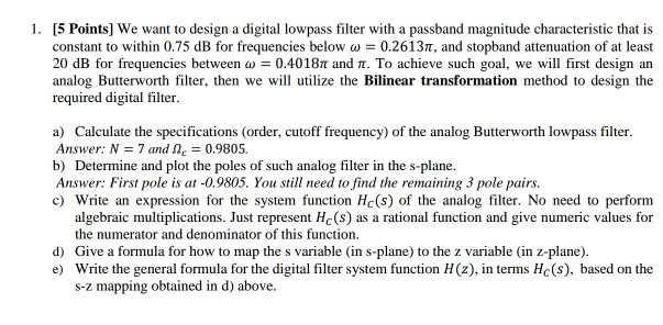 Solved 1. 5 Points] We want to design a digital lowpass | Chegg.com