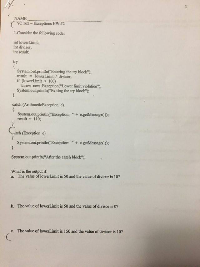 Solved Name Sc 162 Exceptions Hw 2 Consider The Following