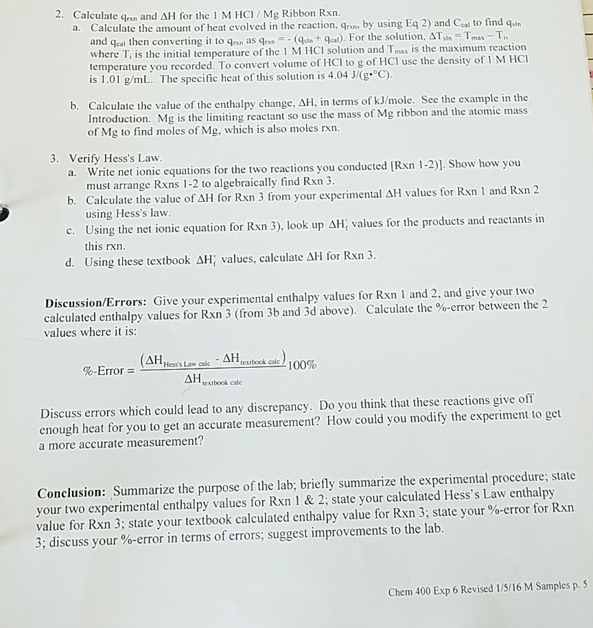 Solved 2. Calculate qrxn and Δ}ㅓ for the 1 M HCl / Mg Ribbon | Chegg.com