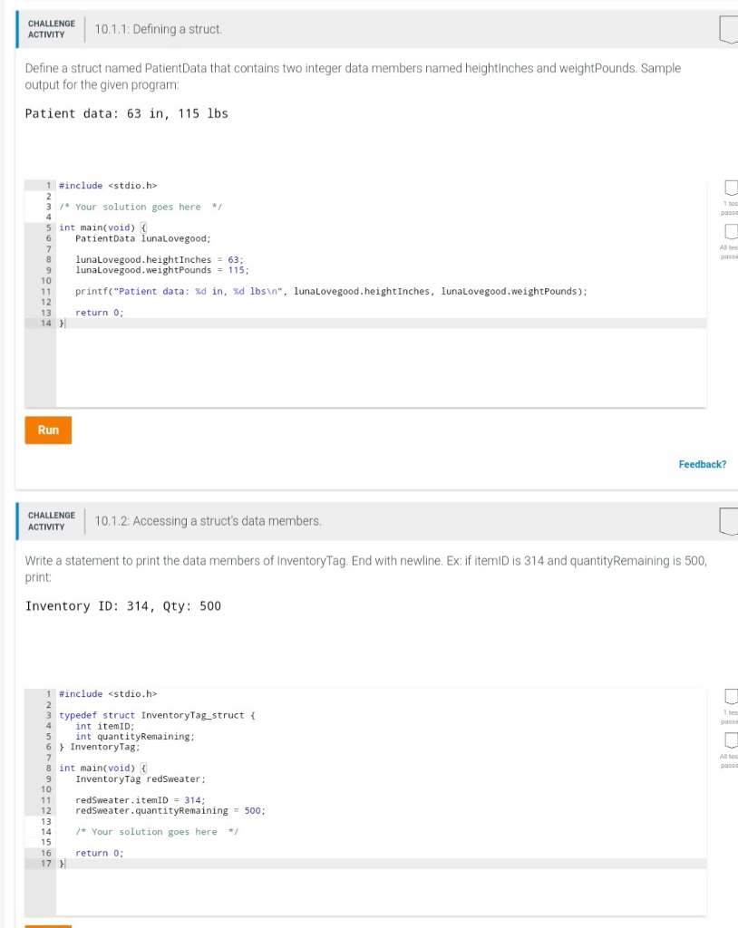 Solved CHALLENGE C10.1.1: Defining a struct. Define a struct | Chegg.com