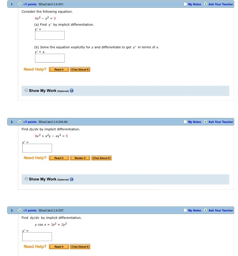 Consider the following equation. Find y' by implicit | Chegg.com