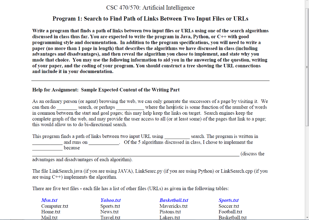 Solved CSC 470/570: Artificial Intelligence Program 1: | Chegg.com