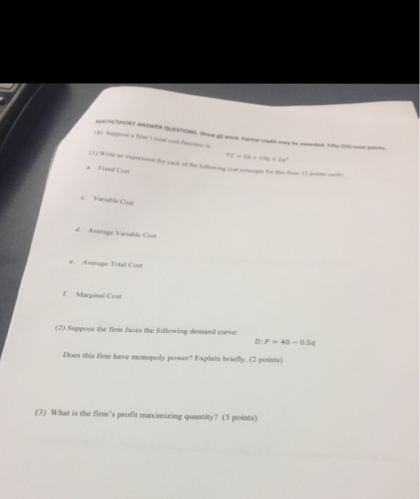 Solved Suppose a firm's total cost function is TC = 50 + | Chegg.com