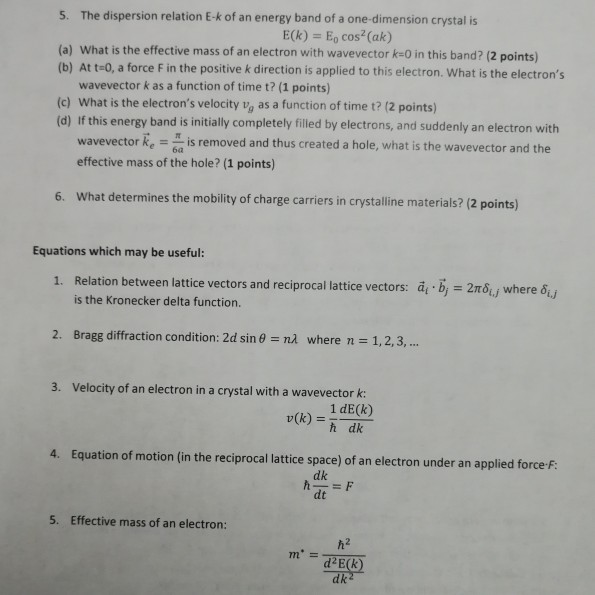 Solved 5. The dispersion relation E-k of an energy band of a | Chegg.com