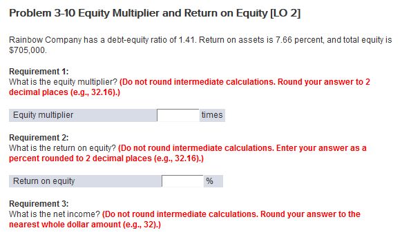 Solved Problem 3-10 Equity Multiplier and Return on Equity | Chegg.com