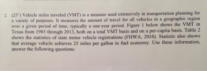 Solved 2. (25') Vehicle miles traveled (VMT) is a measure | Chegg.com