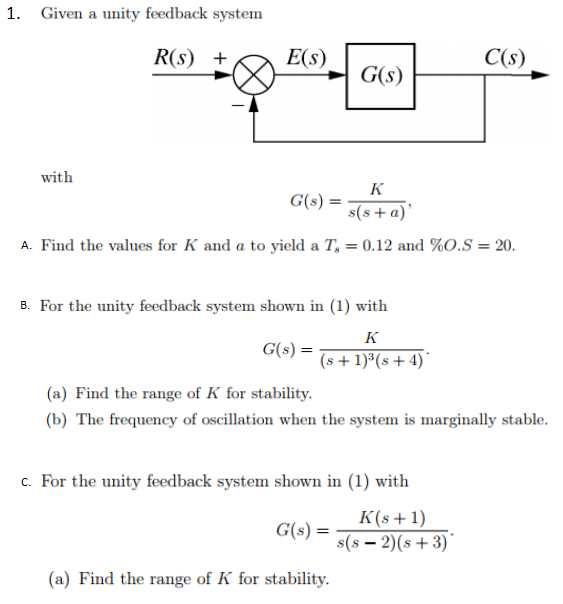 Solved Given a unity feedback system with G(s) = K/s(s+ | Chegg.com