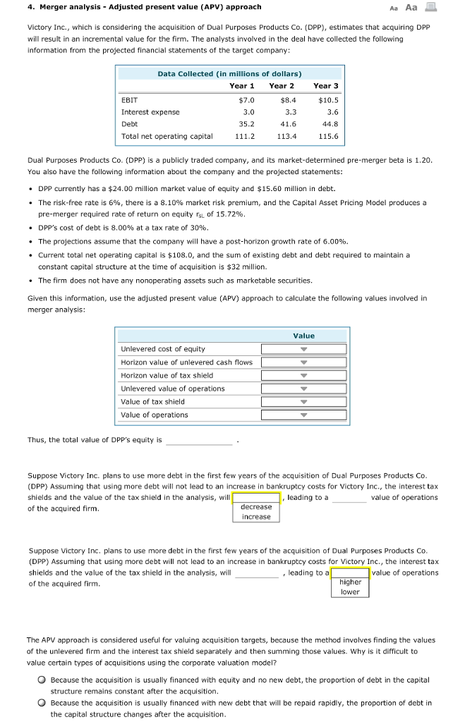 Solved 4. Merger analysis Adjusted present value (APV) | Chegg.com