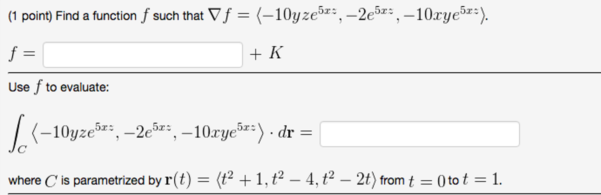 Solved Find a function f such that nabla f = (-10 yz e^5xz, | Chegg.com