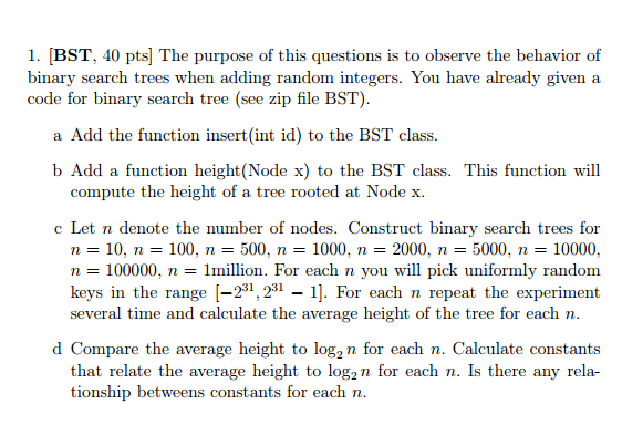 Solved 1. BST, 40 pts The purpose of this questions is to | Chegg.com