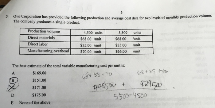 Solved Owl Corporation has provided the following production | Chegg.com
