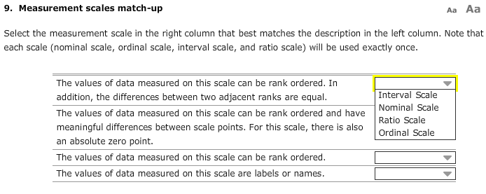 Solved 9. Measurement scales match-up Aa Aa Select the | Chegg.com