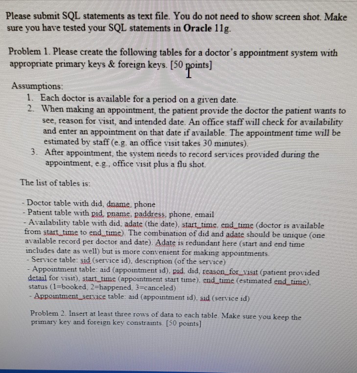 Solved SQL statements in Oracle 11g. (creating and inserting | Chegg.com