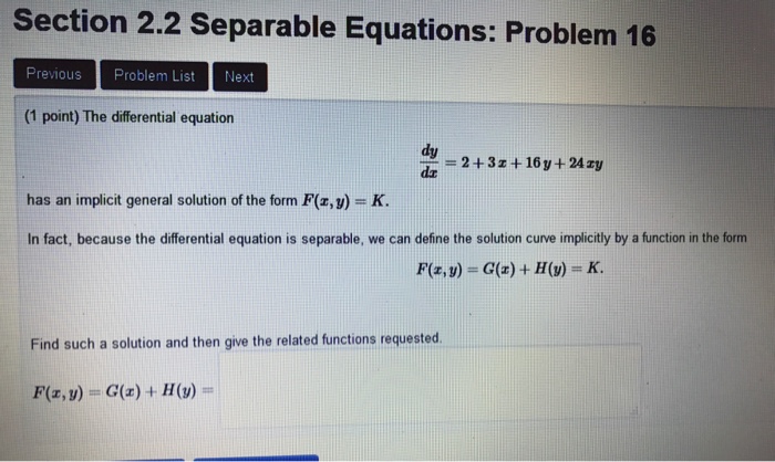 Solved Section 2.2 Separable Equations: Problem 16 Previous | Chegg.com