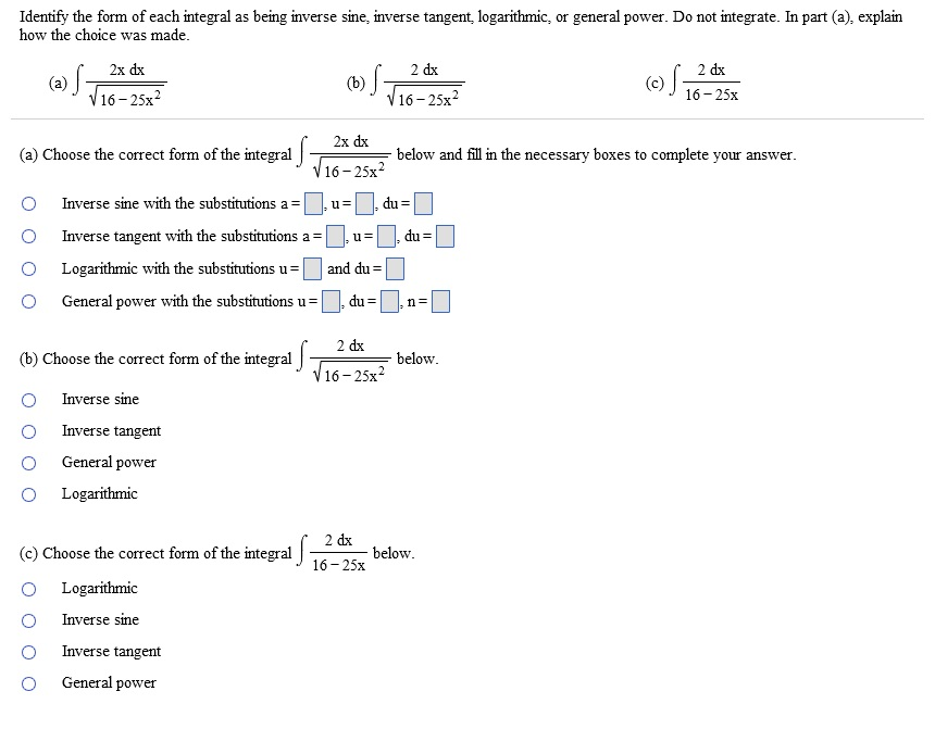 Solved Identify the form of each integral as being inverse | Chegg.com