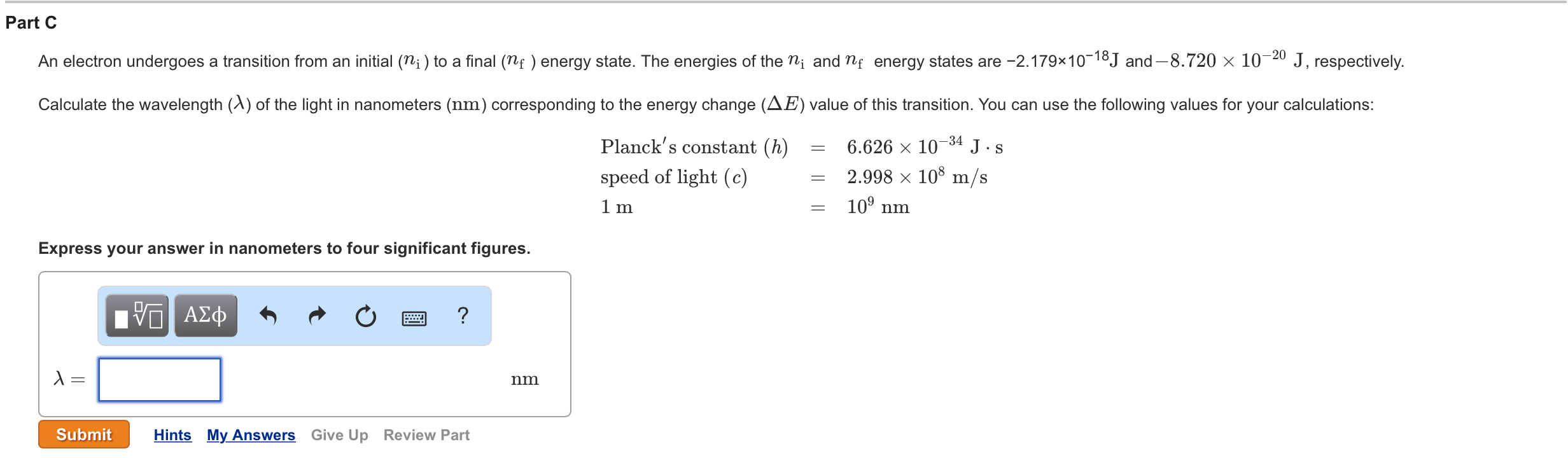Solved Part B Calculate the energy of a photon of wavelength | Chegg.com