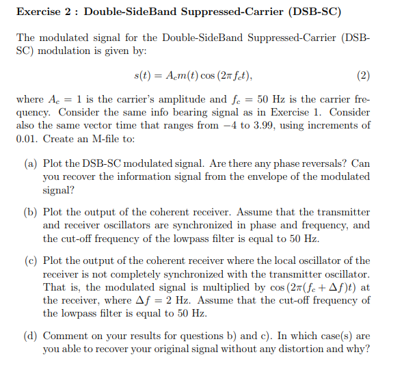 Solved Exercise 2 : Double-SideBand Suppressed-Carrier | Chegg.com