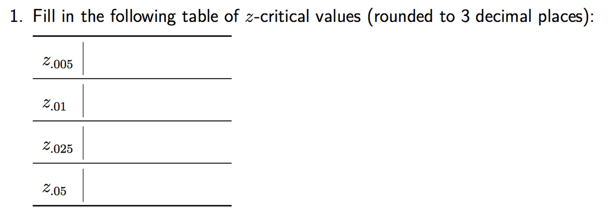 Solved Fill in the following table of z-critical values | Chegg.com