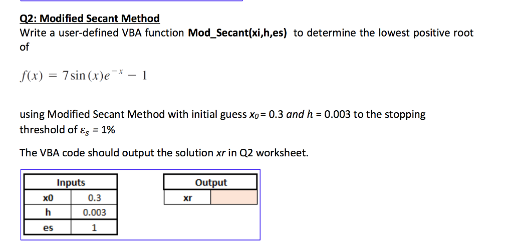 Q2 Modified Secant Method Write A User Defined Vba