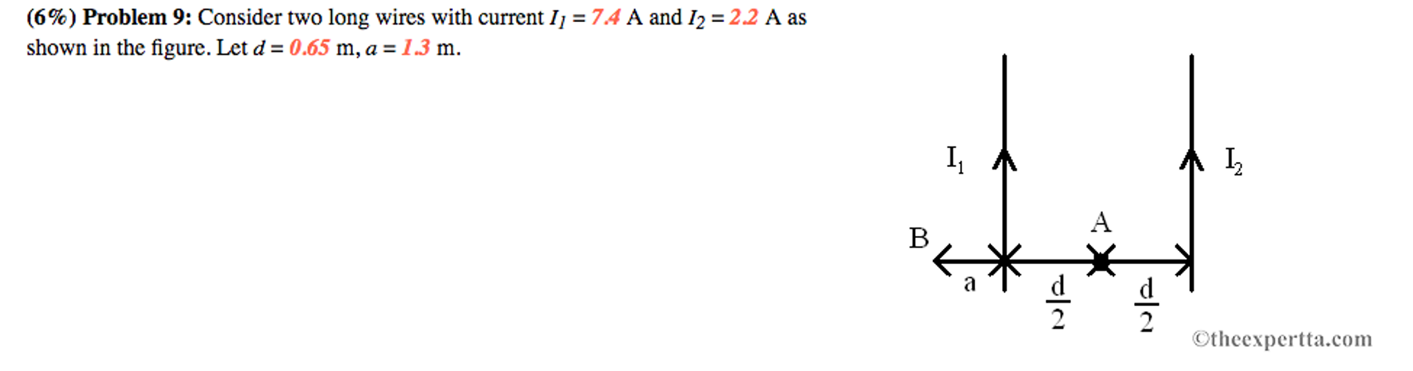 Solved (6%) Problem 9: Consider two long wires with current | Chegg.com
