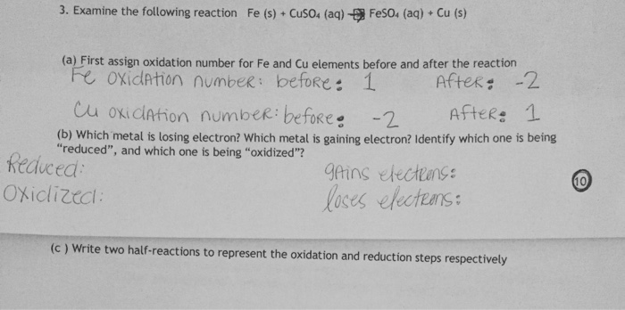 Solved 3. Examine the following reaction Fe (s) + CuSO4 (aq) | Chegg.com