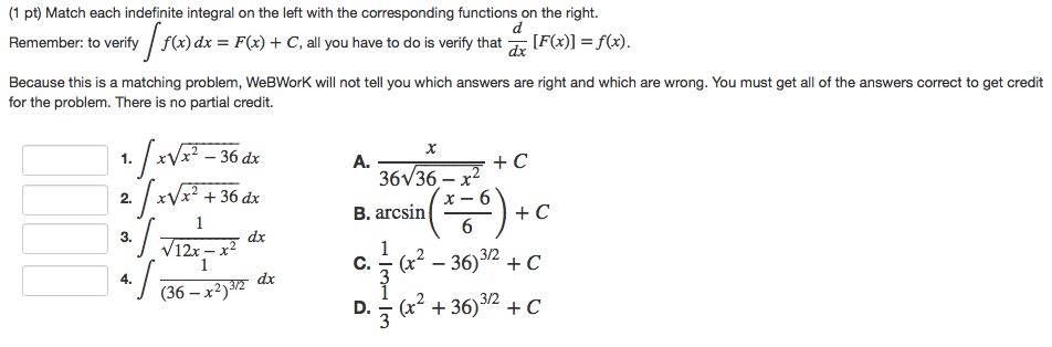 Solved Match each indefinite integral on the left with the | Chegg.com