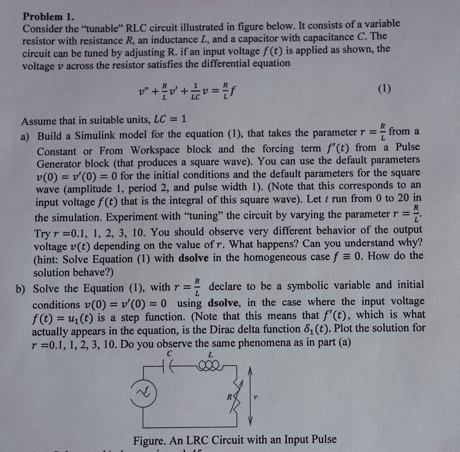 Solved Problem 1 "tunable" RLC circuit illustrated in figure | Chegg.com