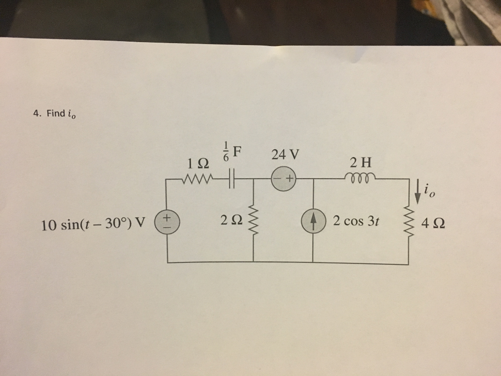Solved 4. Find i 10 sin(t 30°) V 1 F 24 V 1 2 6 2 Q 2 H 2 | Chegg.com
