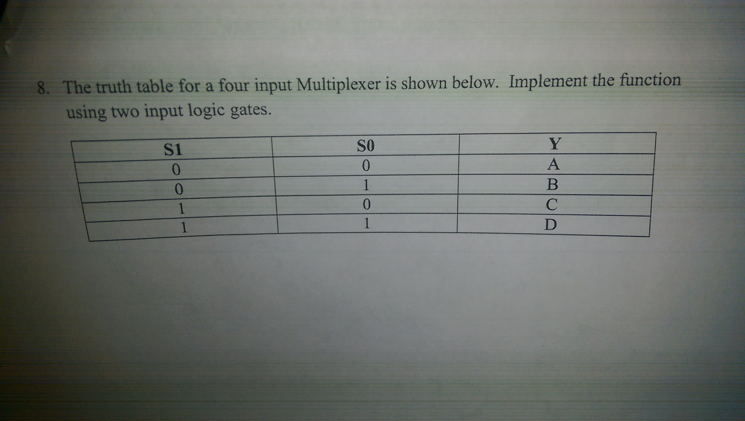 Solved The truth table for a four input Multiplexer is shown | Chegg.com Solved The truth table for a four input Multiplexer is shown | Chegg.com