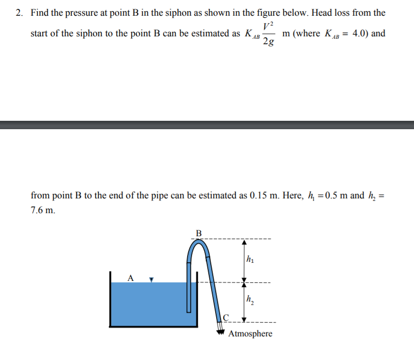 Solved 2. Find the pressure at point B in the siphon as | Chegg.com