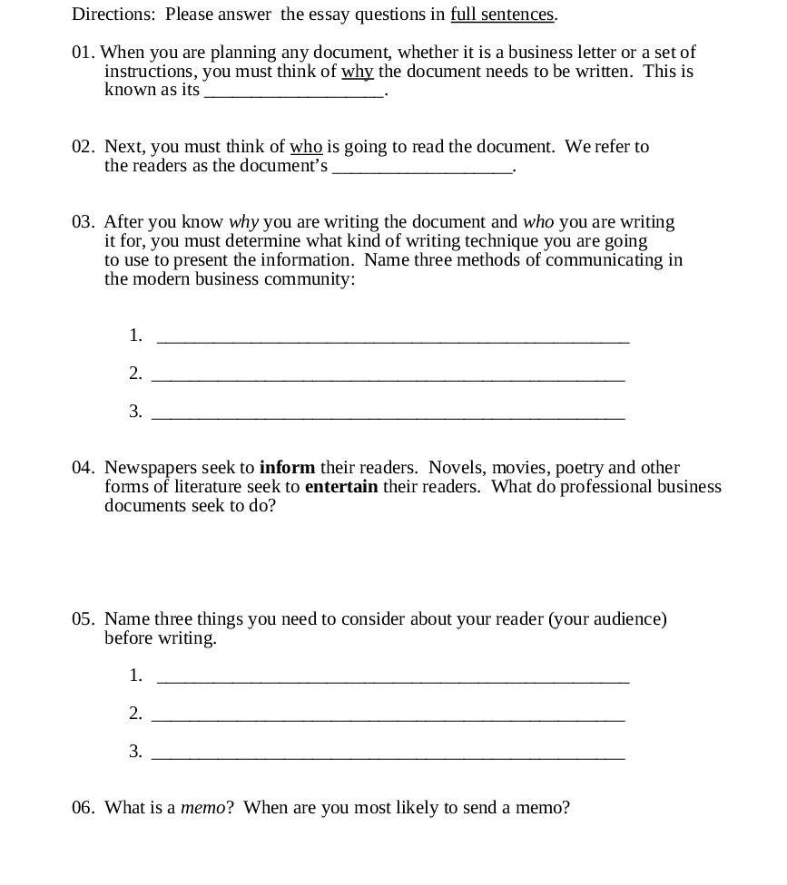 Solved Directions Please Answer The Essay Questions In Full Chegg