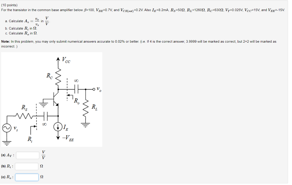 Solved (10 points) For the transistor in the common base | Chegg.com