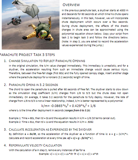 Solved OVERVIEw In the previous parachute task, a skydiver | Chegg.com