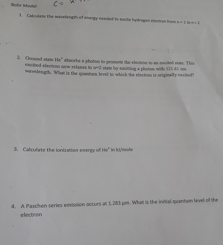 Solved Bohr Model 1. Calculate the wavelength of energy | Chegg.com