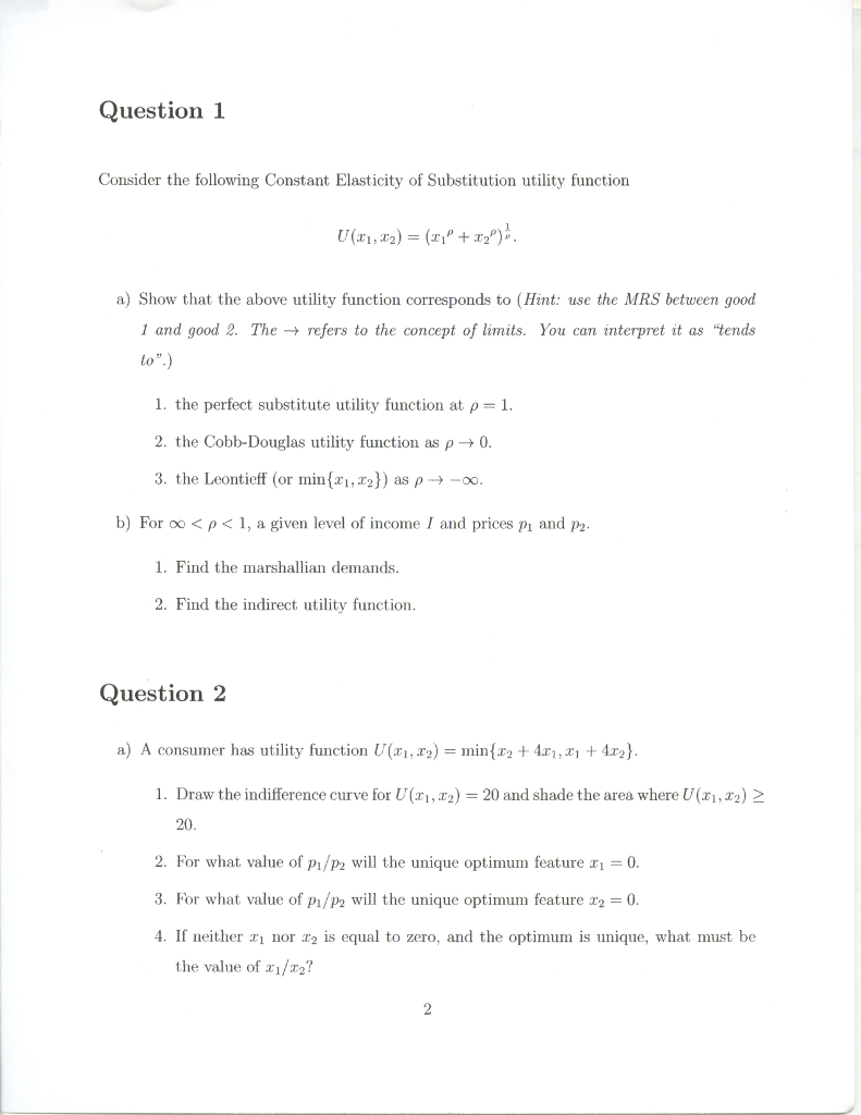 Solved Question 1 Consider the following Constant Elasticity | Chegg.com