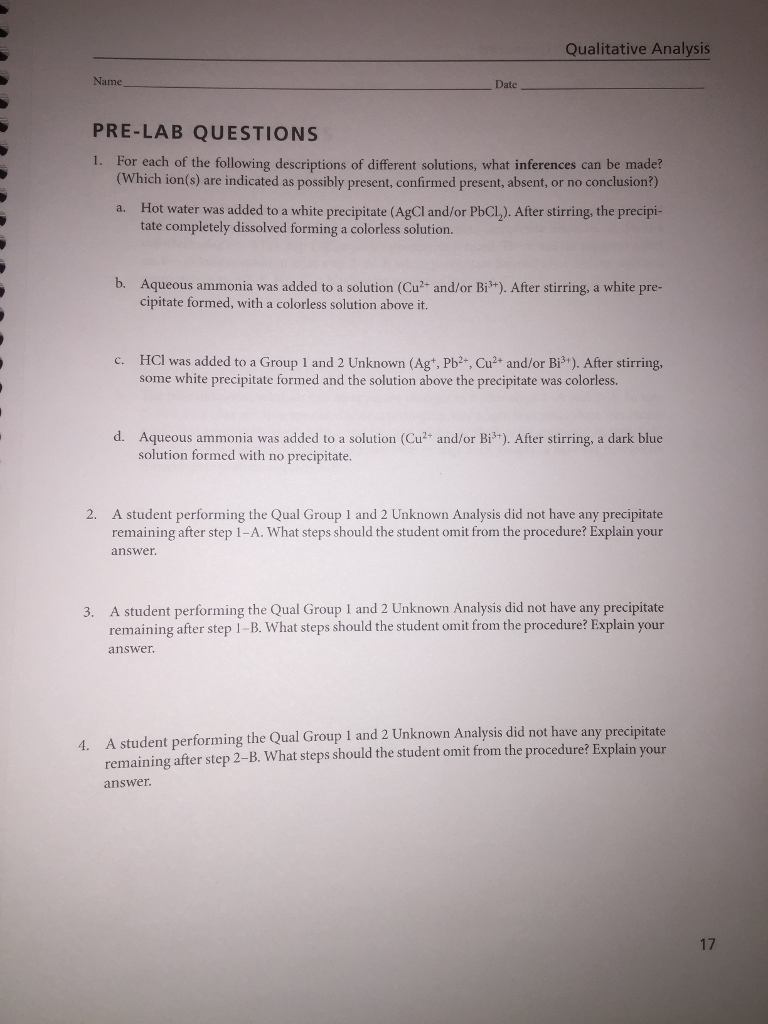 Solved Qualitative Analysis Name Date PRE-LAB QUESTIONS 1. | Chegg.com