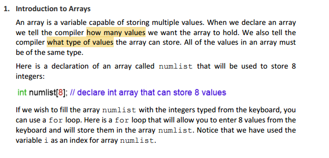 Solved Introduction to Arrays An array is a variable capable | Chegg.com