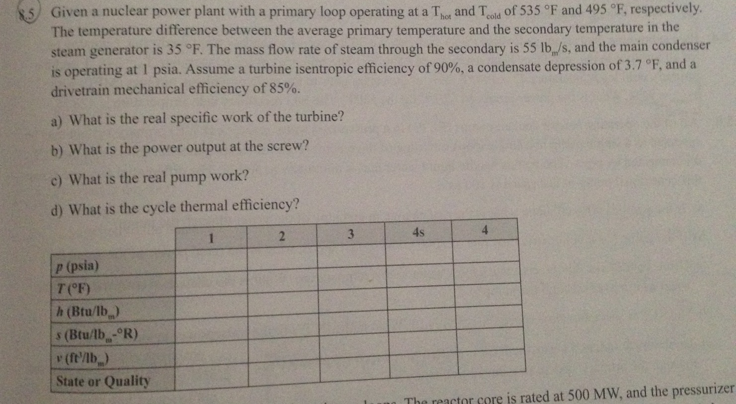 Given a nuclear plant with a primary loop operating | Chegg.com