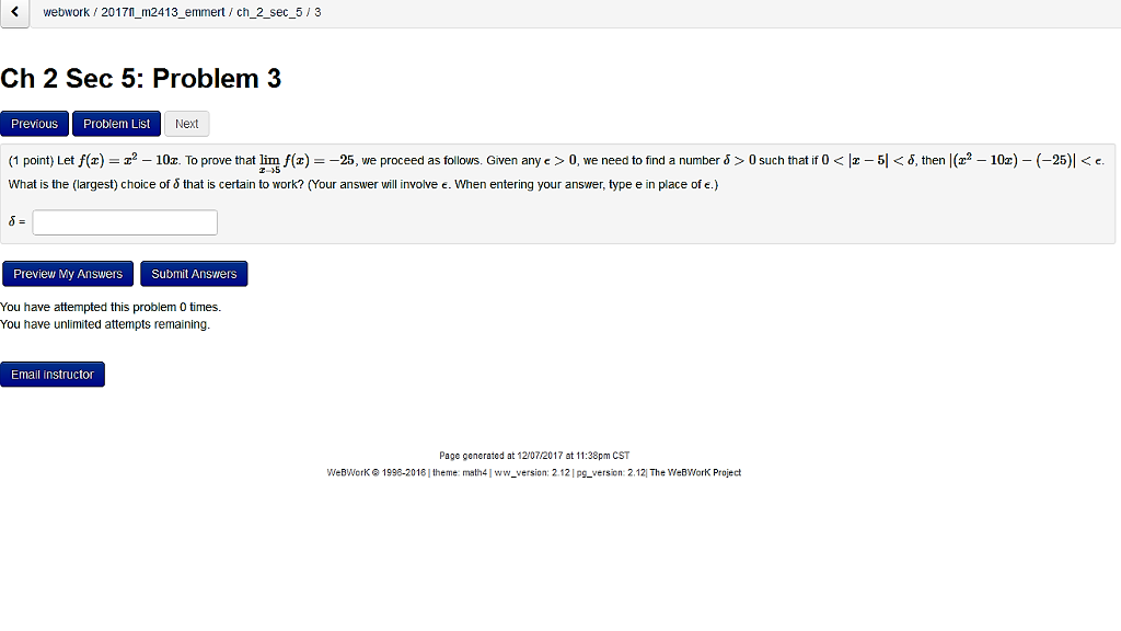 Solved く webwork / 20171m2413emmert / ch 2 sec5 / 3 - - ー Ch | Chegg.com