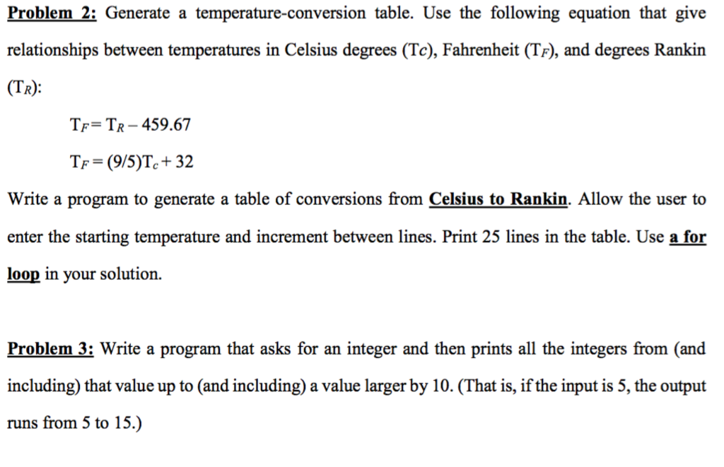 Solved Problem 2: Generate a temperature-conversion table. | Chegg.com