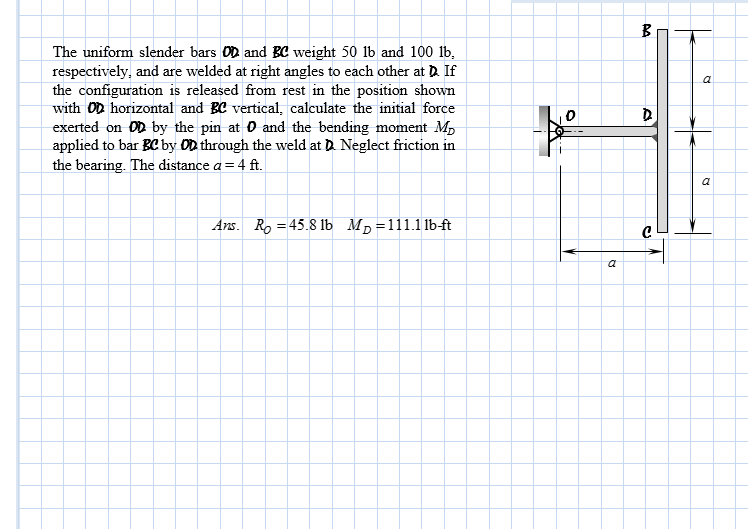 Solved The uniform slender bars OD and BC weight 50 lb and | Chegg.com