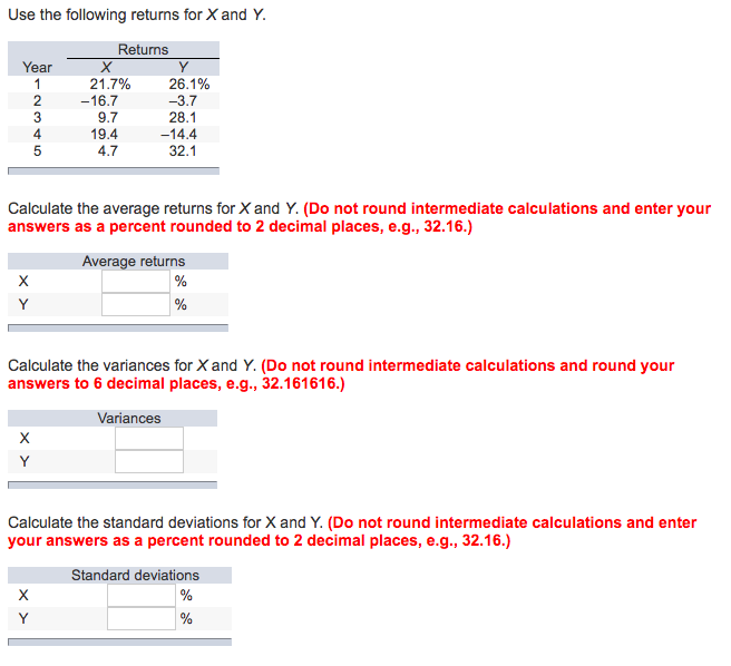 Solved Use the following returns for X and Y. Calculate the | Chegg.com