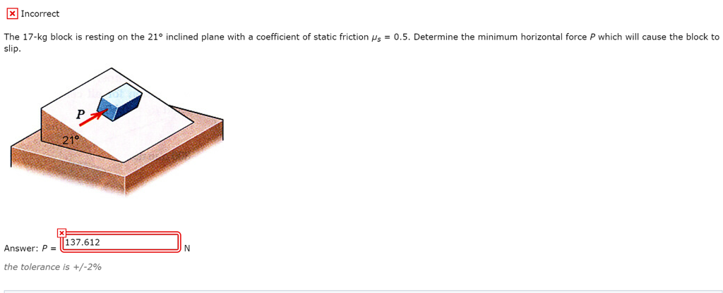 Solved Incorrect The 17-kg block is resting on the 21° | Chegg.com
