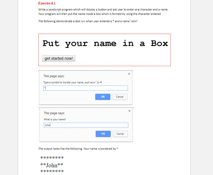 Solved Exercise 6.1 Write a JavaScript program which will | Chegg.com