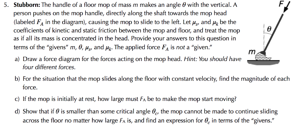 Solved 5. Stubborn: The handle of a floor mop of mass m | Chegg.com
