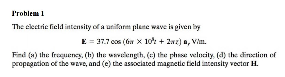 Solved The electric field intensity of a uniform plane wave | Chegg.com