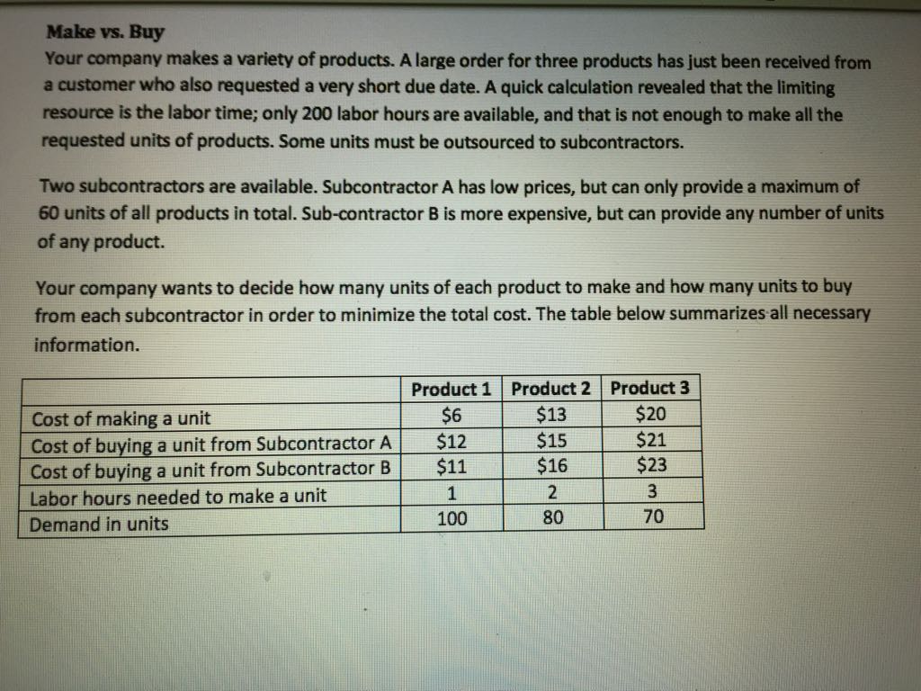 Solved Make vs. Buy Your company makes a variety of | Chegg.com