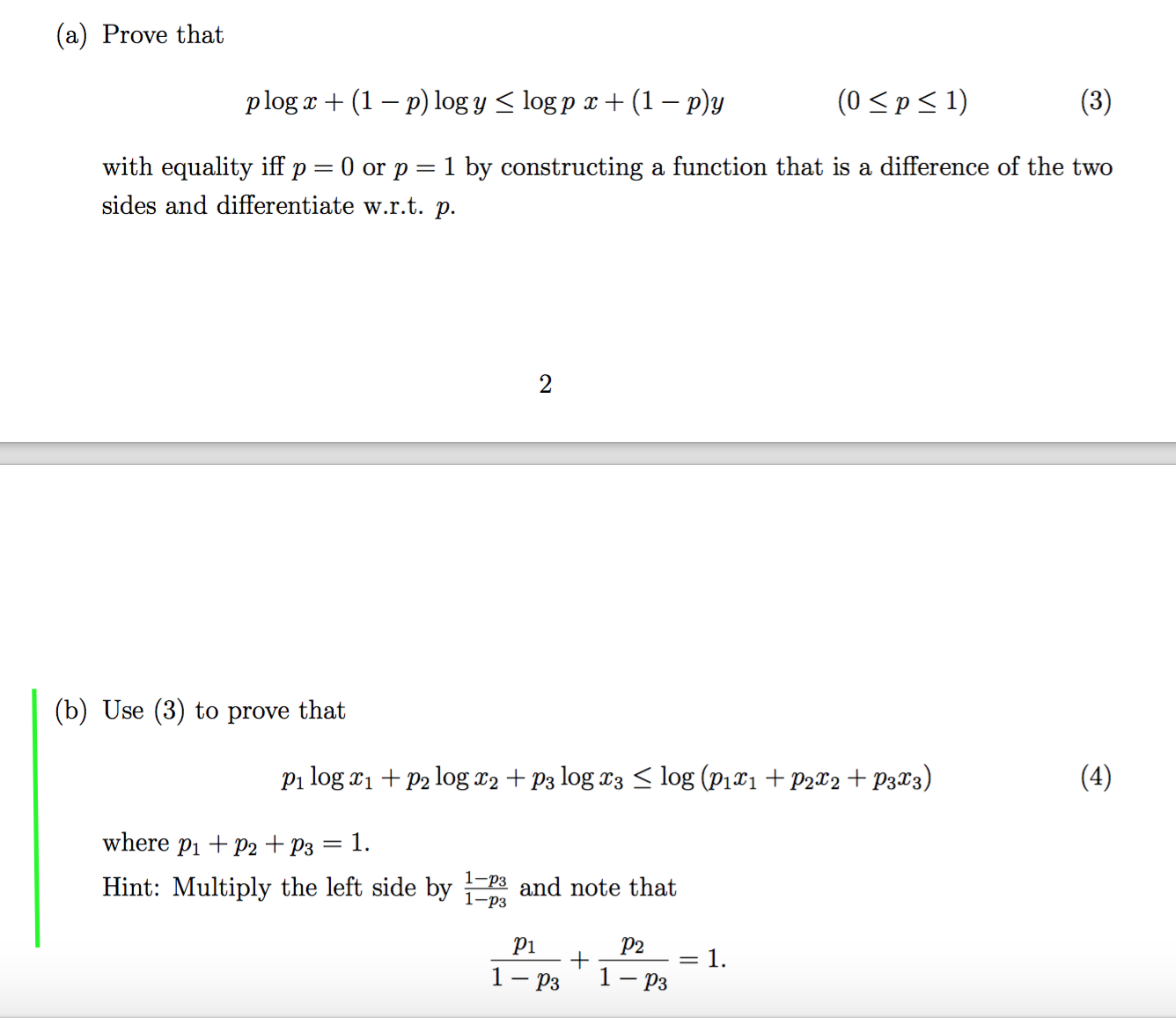 Solved Prove that p log x + (1 - p)log y lessthanorequalto | Chegg.com