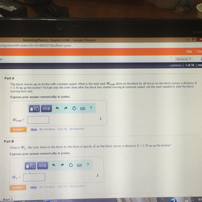 Solved moving trom Work on a Block Sliding Up a Frictionless | Chegg.com