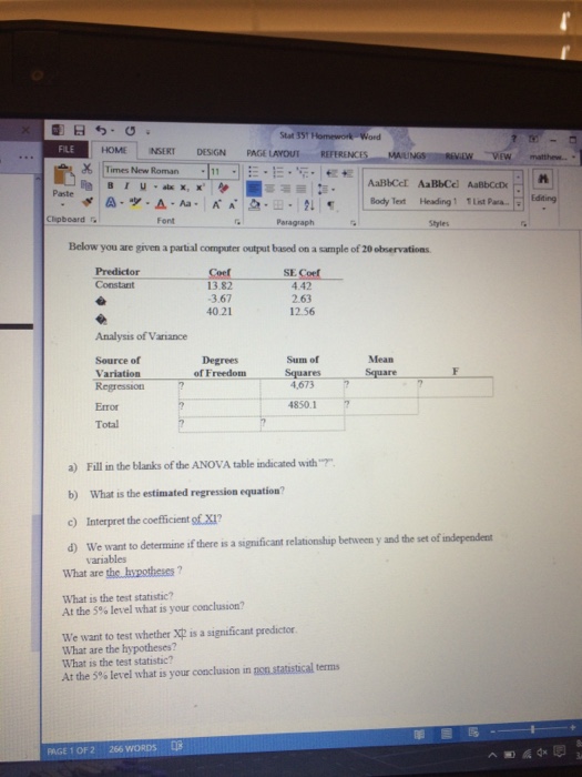 Solved Below You Are Given A Partial Computer Output Based 